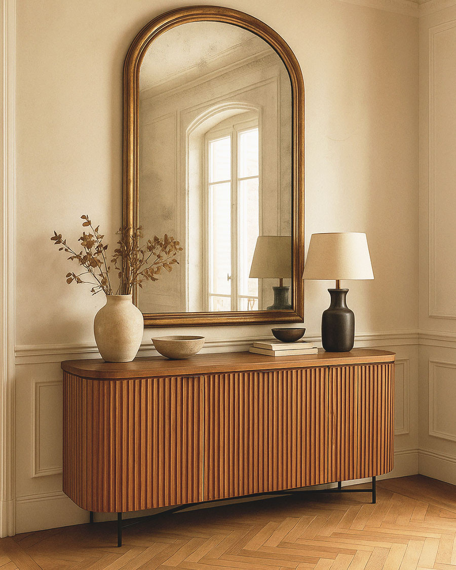 Buffet rétro en bois de teck recyclé et plateau laqué noir - Haussman ...